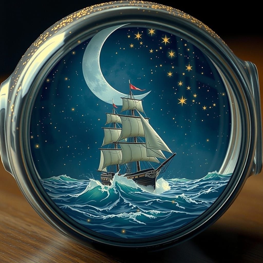 On a magical midnight blue night, with a large cresent moon and stars ...