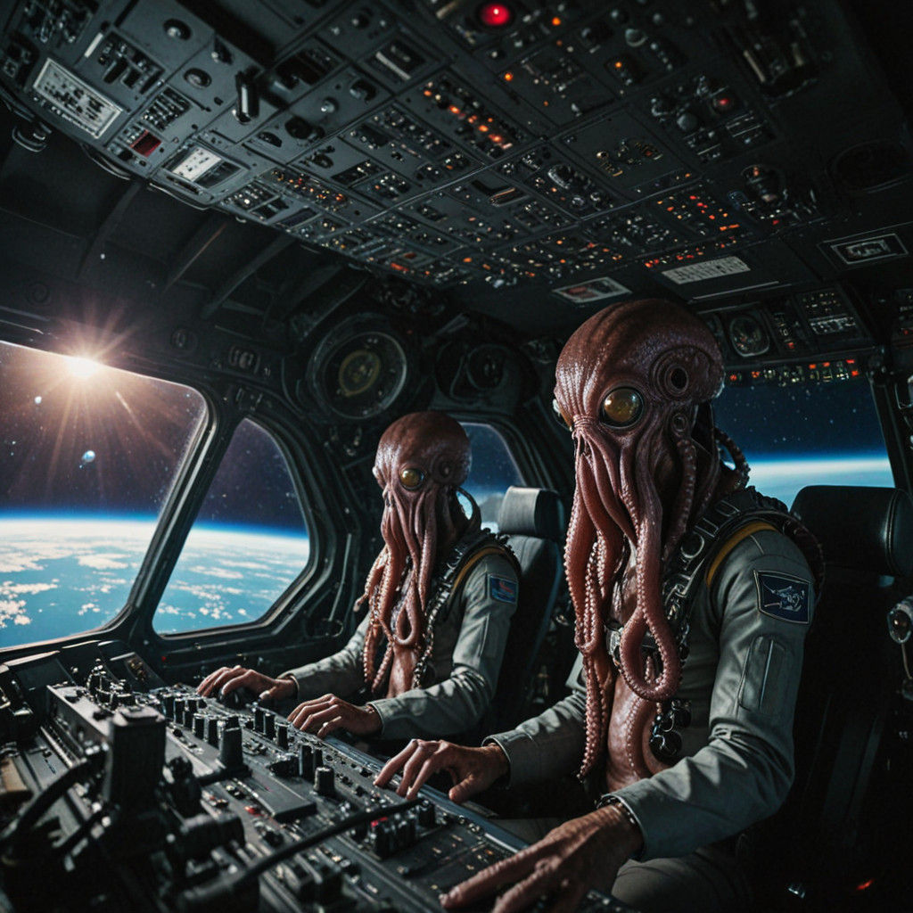 a realistic photo of two octopus aliens in their cockpit watching ...