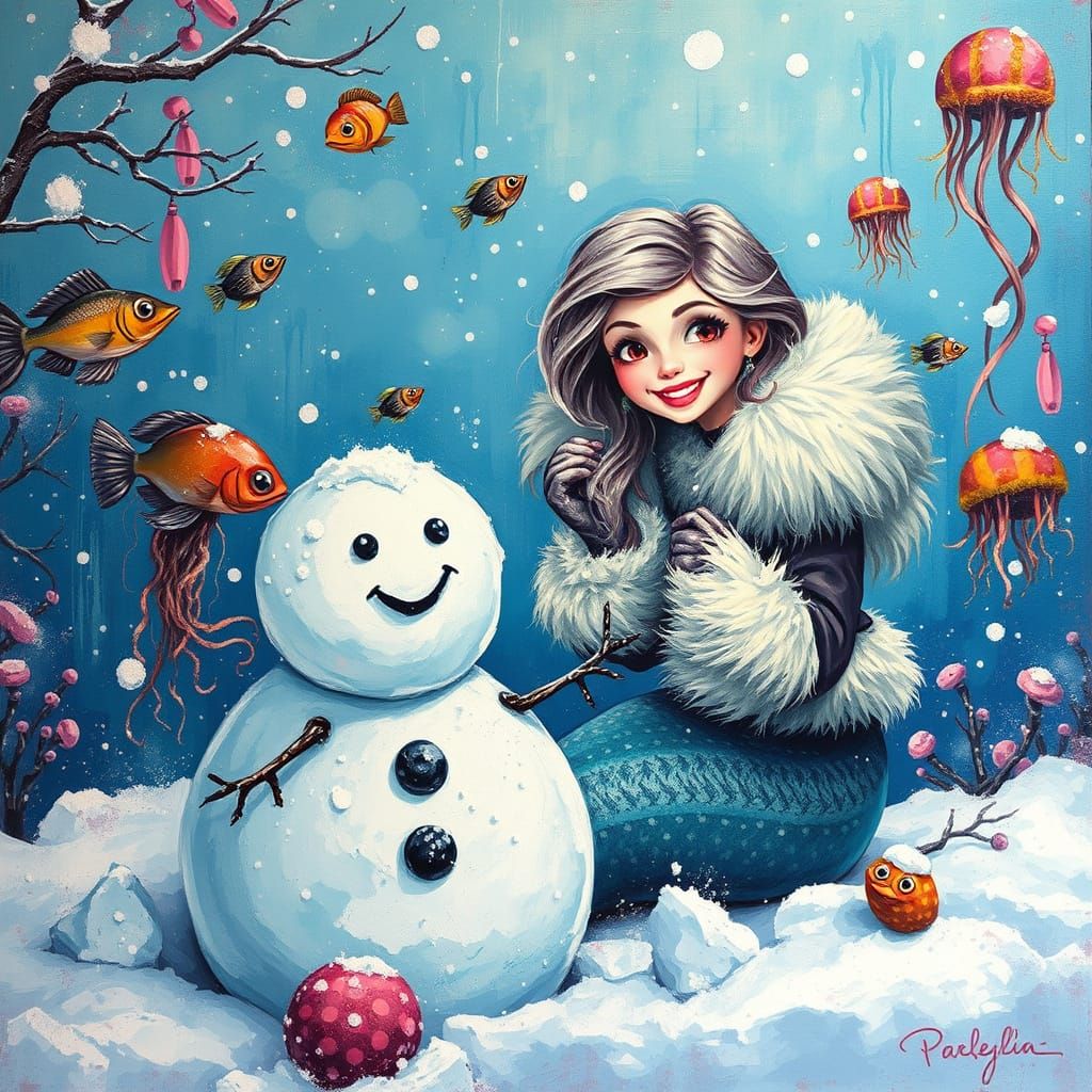 Snow Mermaid Makes Snowman in Underwater Kingdom - AI Art