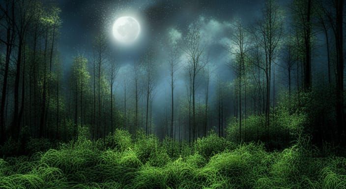 beautiful moonlit forest with fireflies, full moon, peaceful mood ...