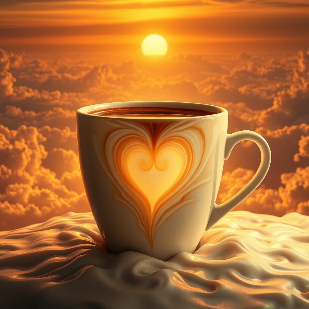 Coffee - Majestic Coffee Cup in Dawn-Lit Landscape