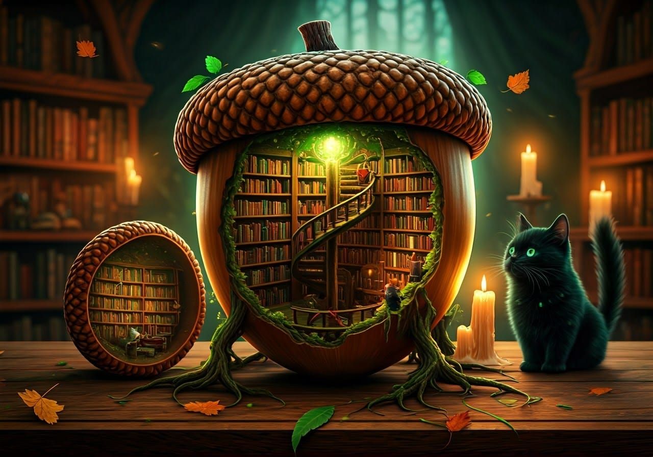 Whimsical Library Inside a Giant Acorn in a Wizard... - AI Art