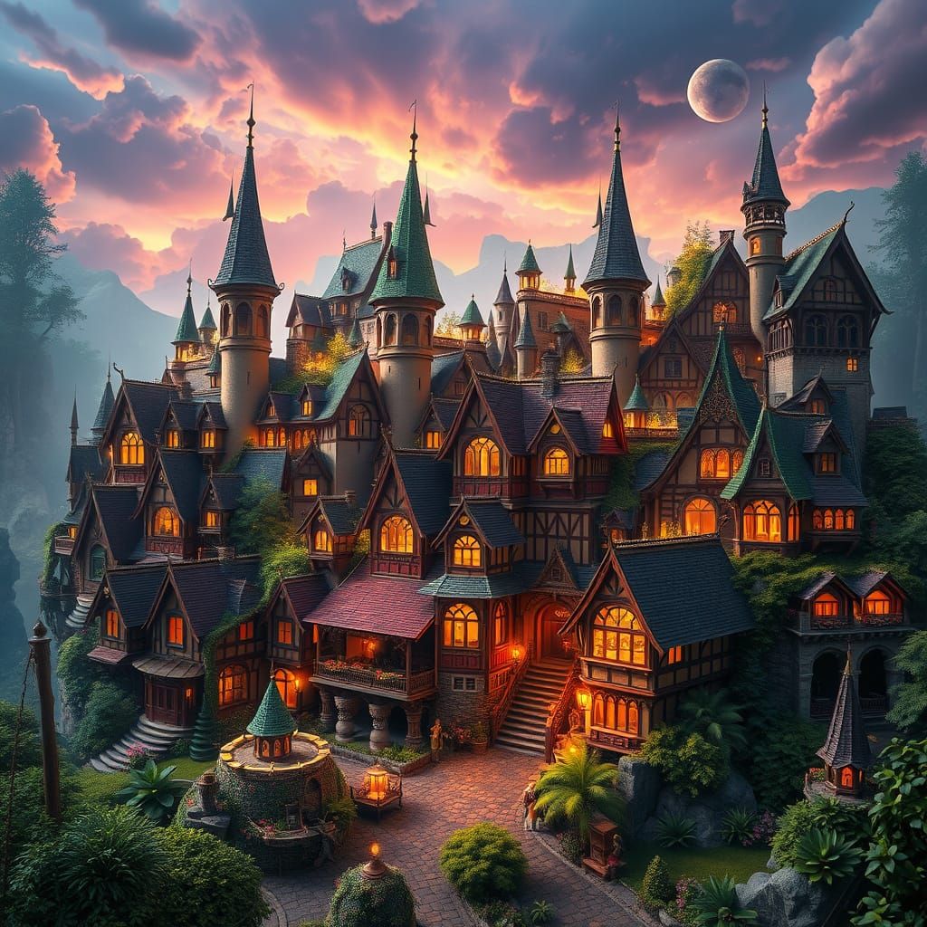 City of houses of wizard, bright colors, intricate... - AI Art