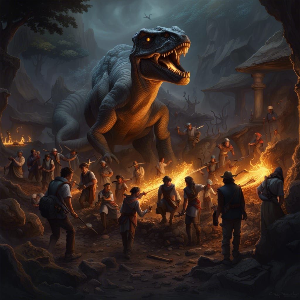 archaeological dig . large group of people. fire. disaster. digging ...