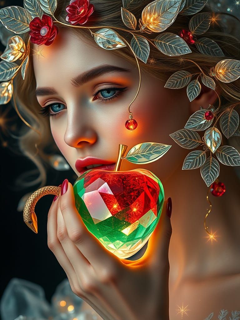 Stunning celestial woman holds a faceted emerald and ruby apple, the ...