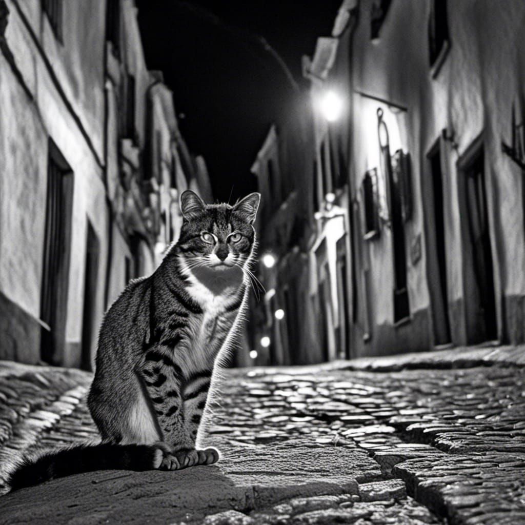 wild cat on a street in old Madrid on a new moon night, black and white ...