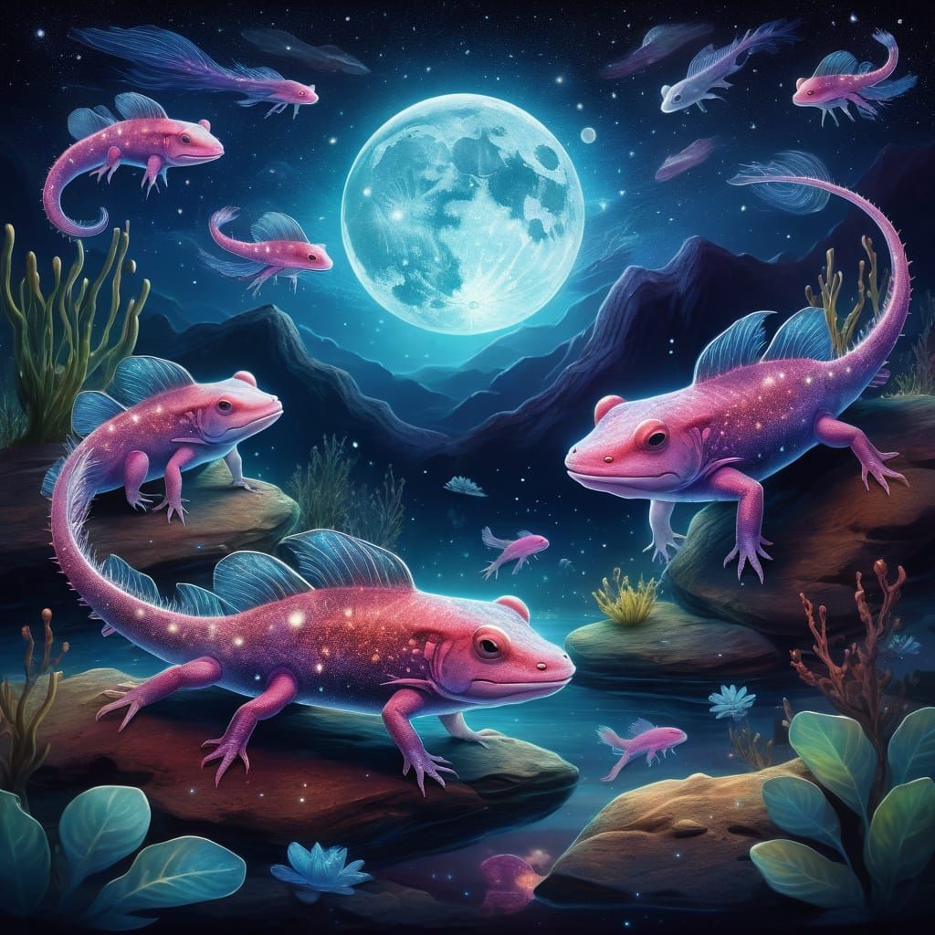 axolotls under starry sky bright moonlight