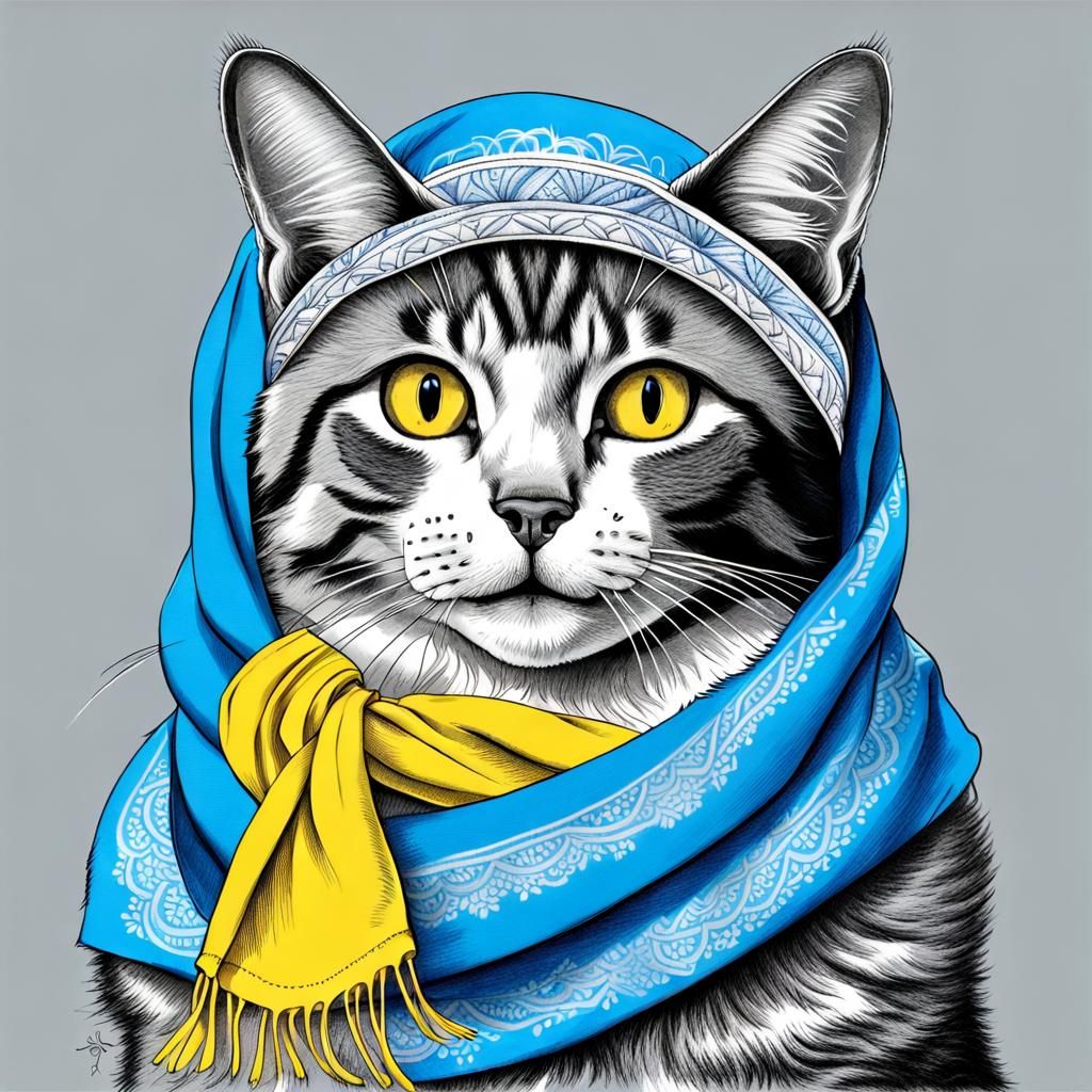 Ukrainian babushka cat wearing a traditional yellow scarf on her head ...