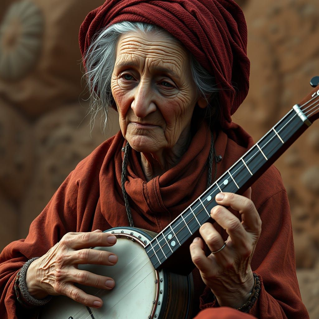 Realistic Old Woman Playing Banjo - Earth-Toned Banjo Virtuo...