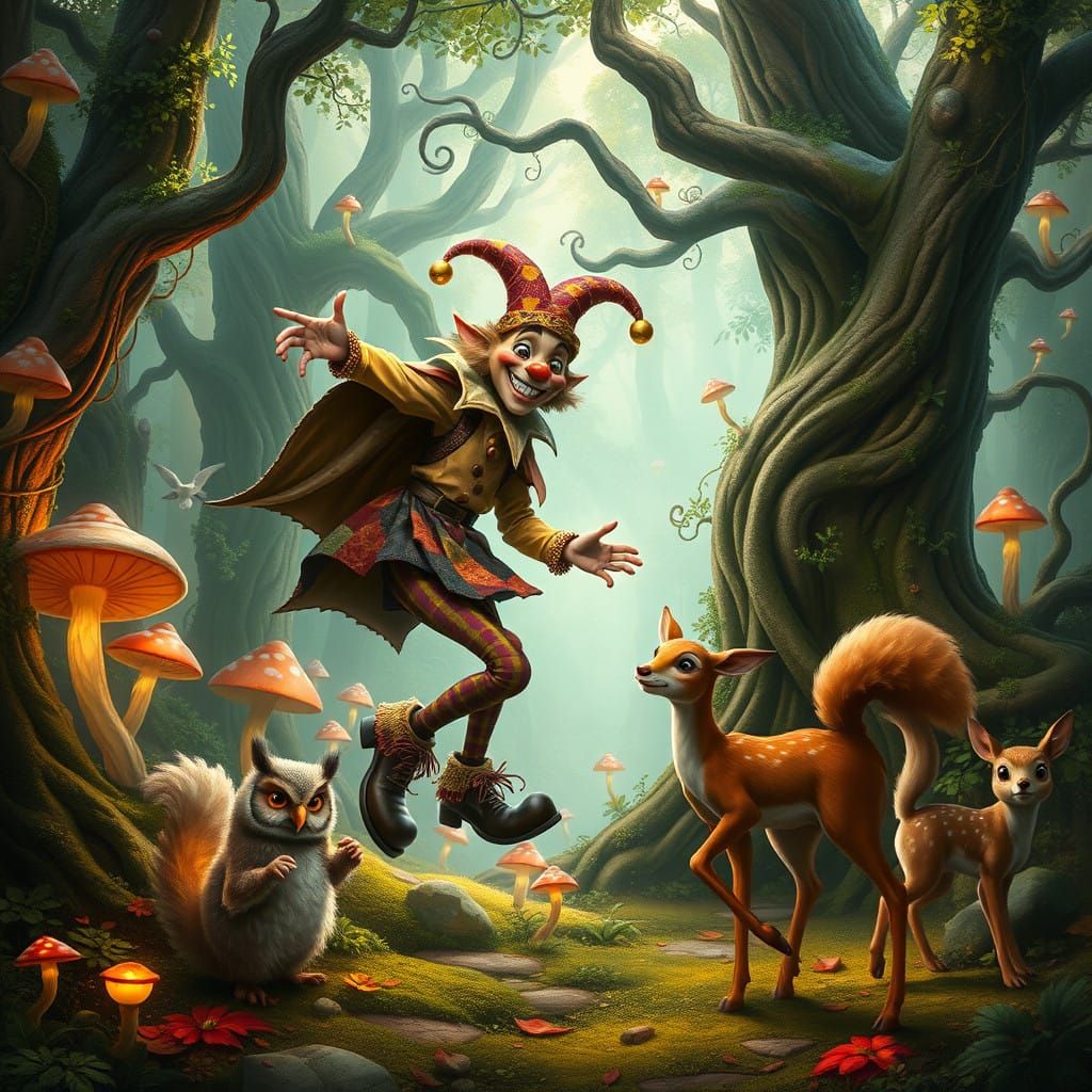 A jester playfully interacting with a group of curious animals in a ...