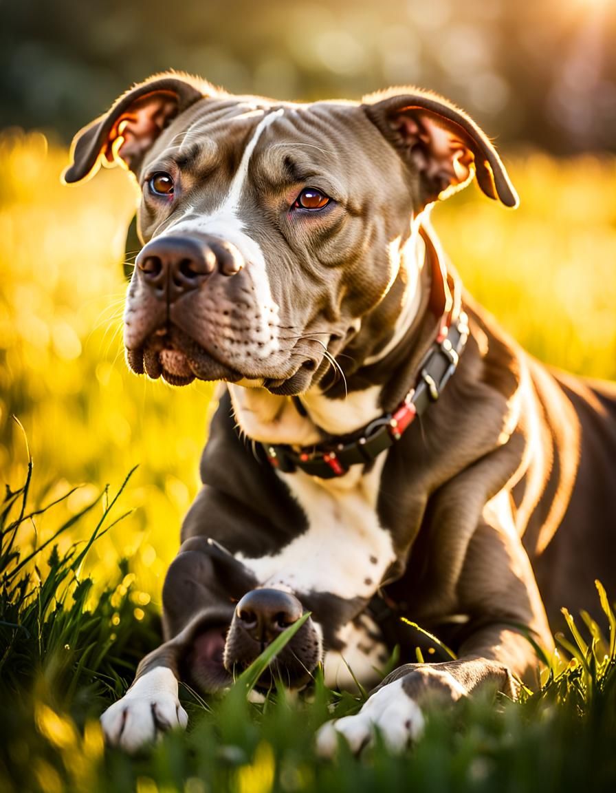 DSLR quality, vivid photograph of a strong, majestic pitbull dog ...