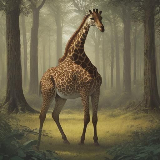 Giraffe and Alien in Enchanted Forest, Renaissance... - AI Art
