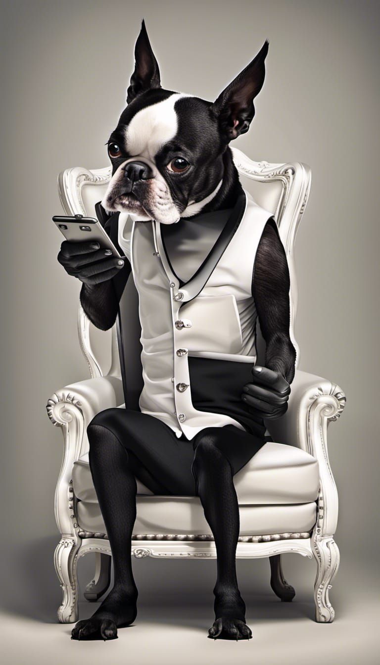 Boston terrier dogman, sitting on a white chair, looking at his ...