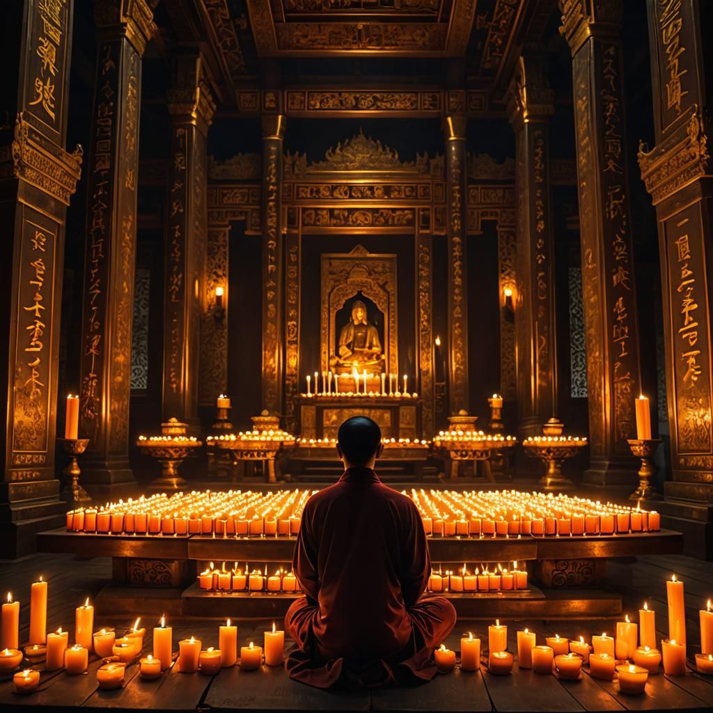 Candlelit scene in an oriental temple