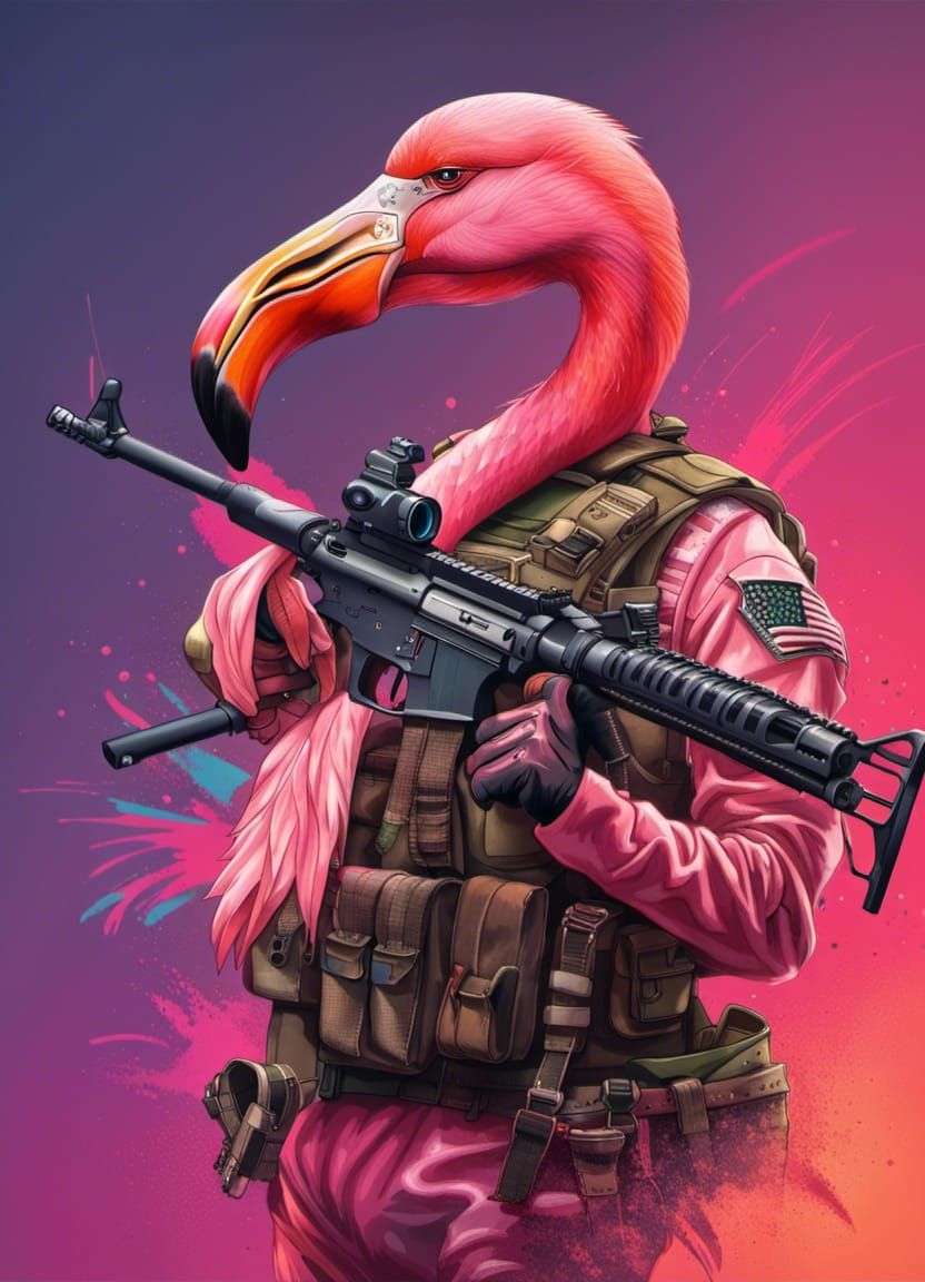 flamingo with military gear and dress, holding an AR-15 rifle, wearing ...