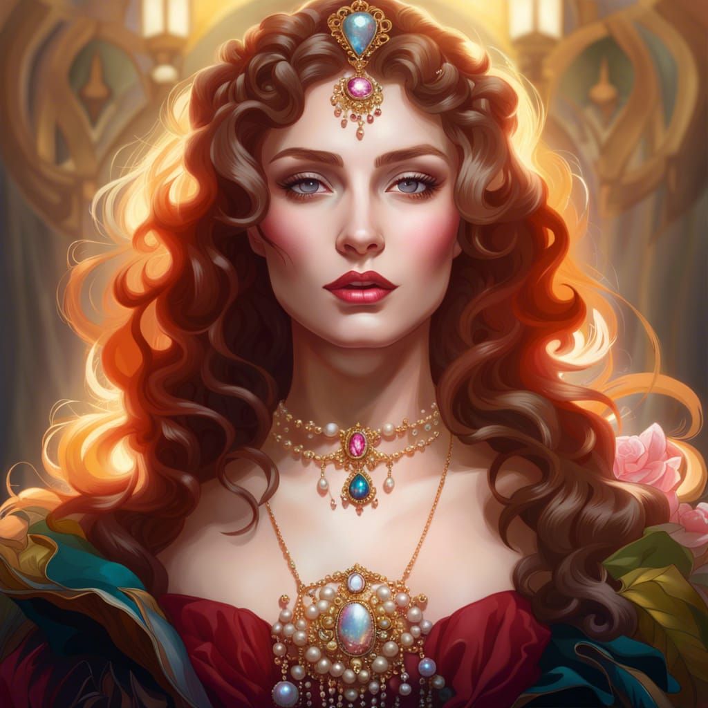 Lady covered in pearls and gems, long curls, Rococo, gauze dress, 8k ...