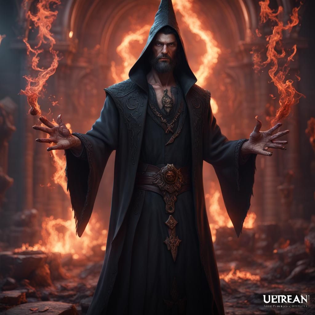 Male wizard, black hair, mobern clothing, devilish, normal hands, from ...