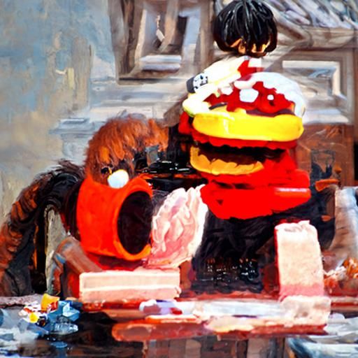 Elmo eating a burger made of lego - AI Generated Artwork - NightCafe ...