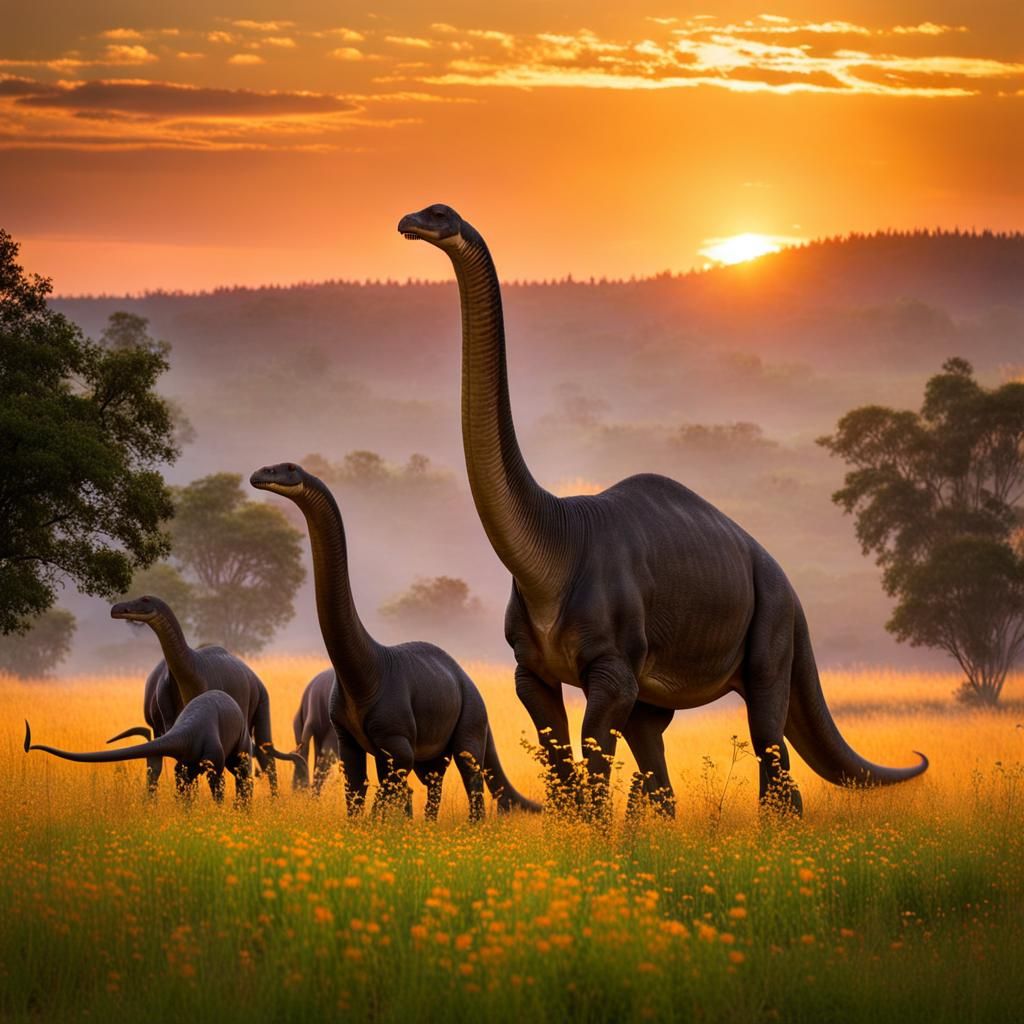 Photo. A herd of brontosaurus graze in a beautiful meadow during sunset ...
