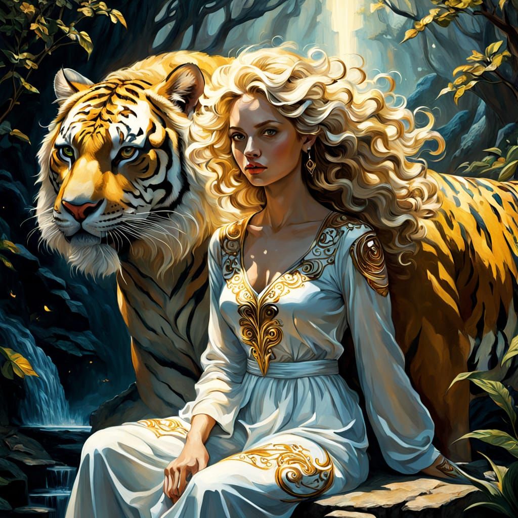 Tiger Companion - Surreal Tiger Companion in Golden Impasto ...