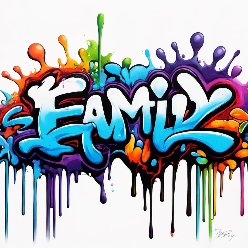 the word "Family" in graffiti art, splash art, street art, spray paint ...