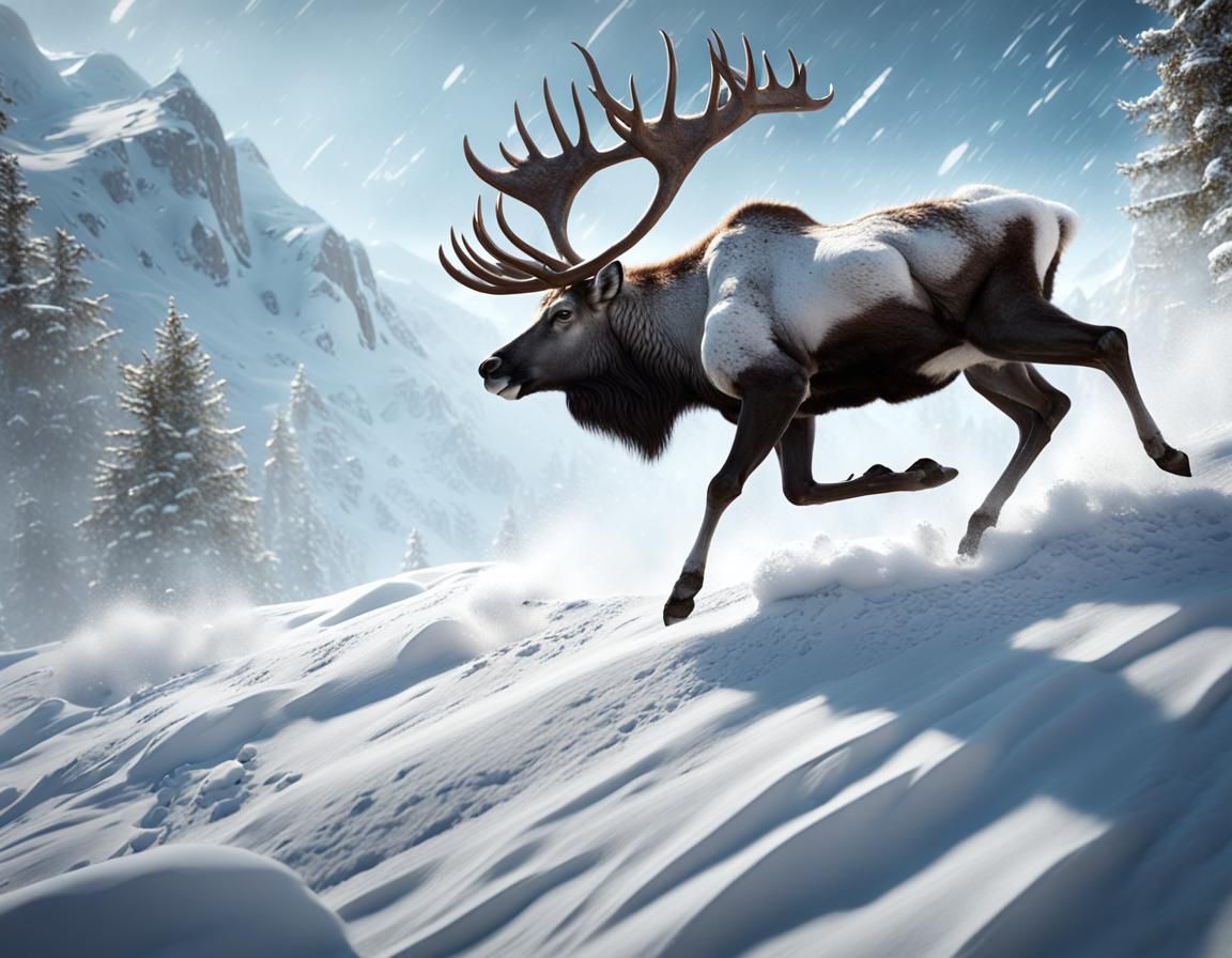 wild Caribou running from an avalanche - AI Generated Artwork ...
