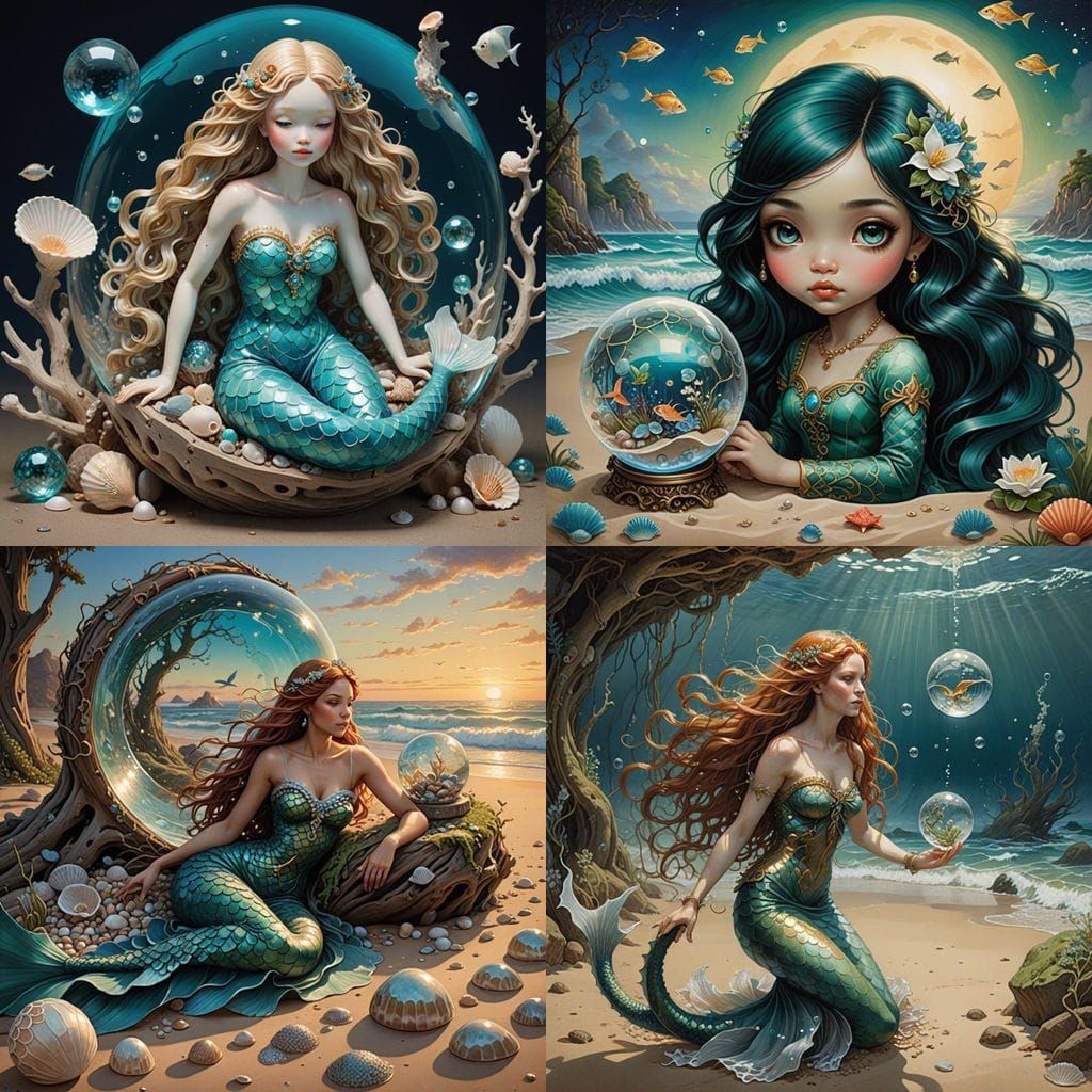 Mermaid in a Glass Orb on the Seashore - AI Art