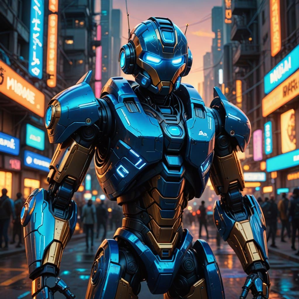 MegaMan Droid - Cyberpunk MegaMan Droid in Neon-Lit Citysca...