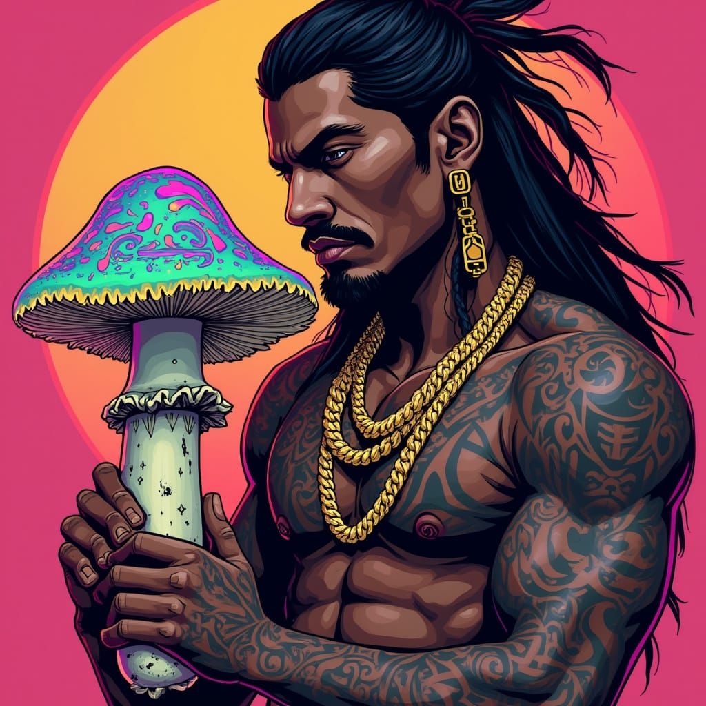 Gangster Native American Warrior Holds Glowing Mus... - AI Art