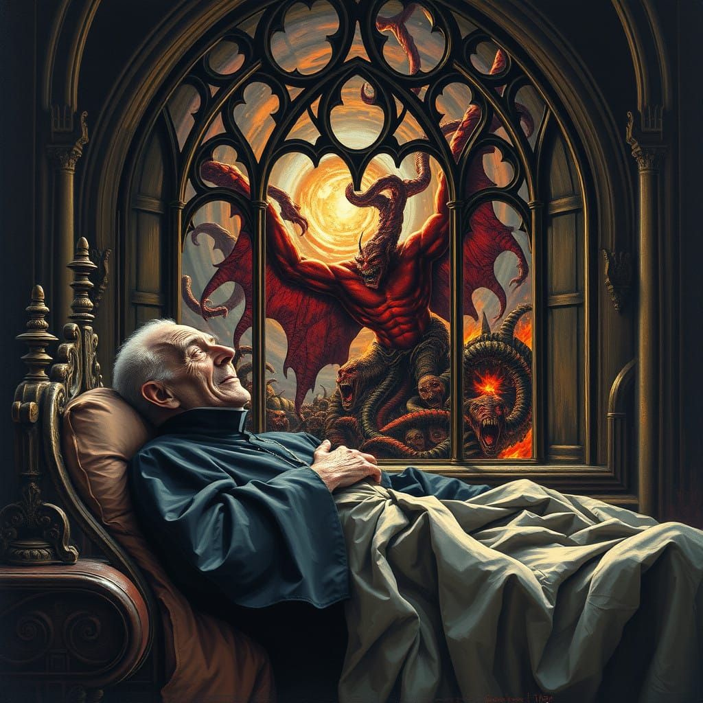 A hauntingly realistic and intricate oil and ink painting depicting an ...