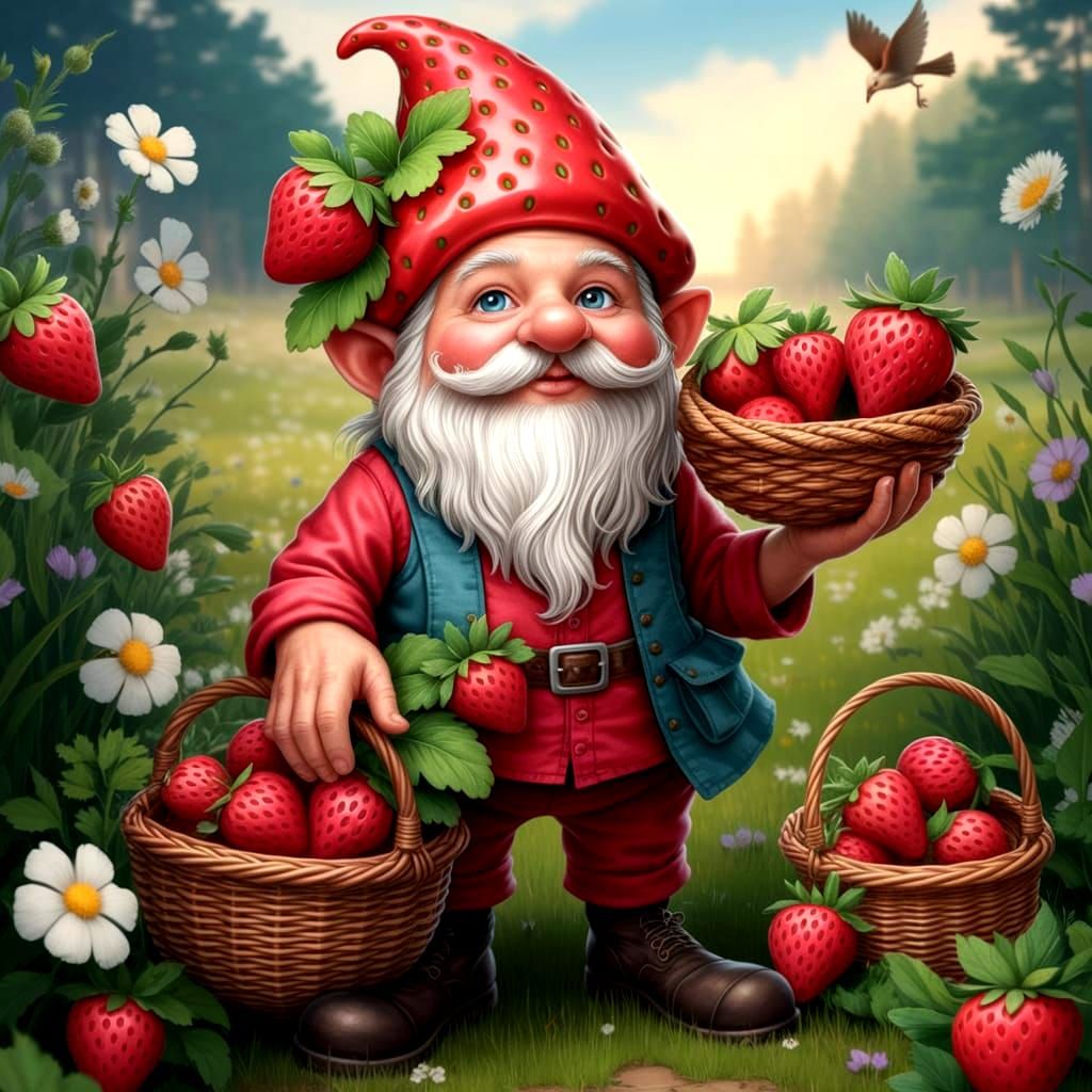 A 2D cartoon gnome, wearing a strawberry-shaped hat and red clothing ...