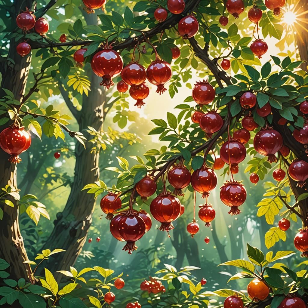 Imagine a translucent pomegranate consising of amber gemstones hanging ...
