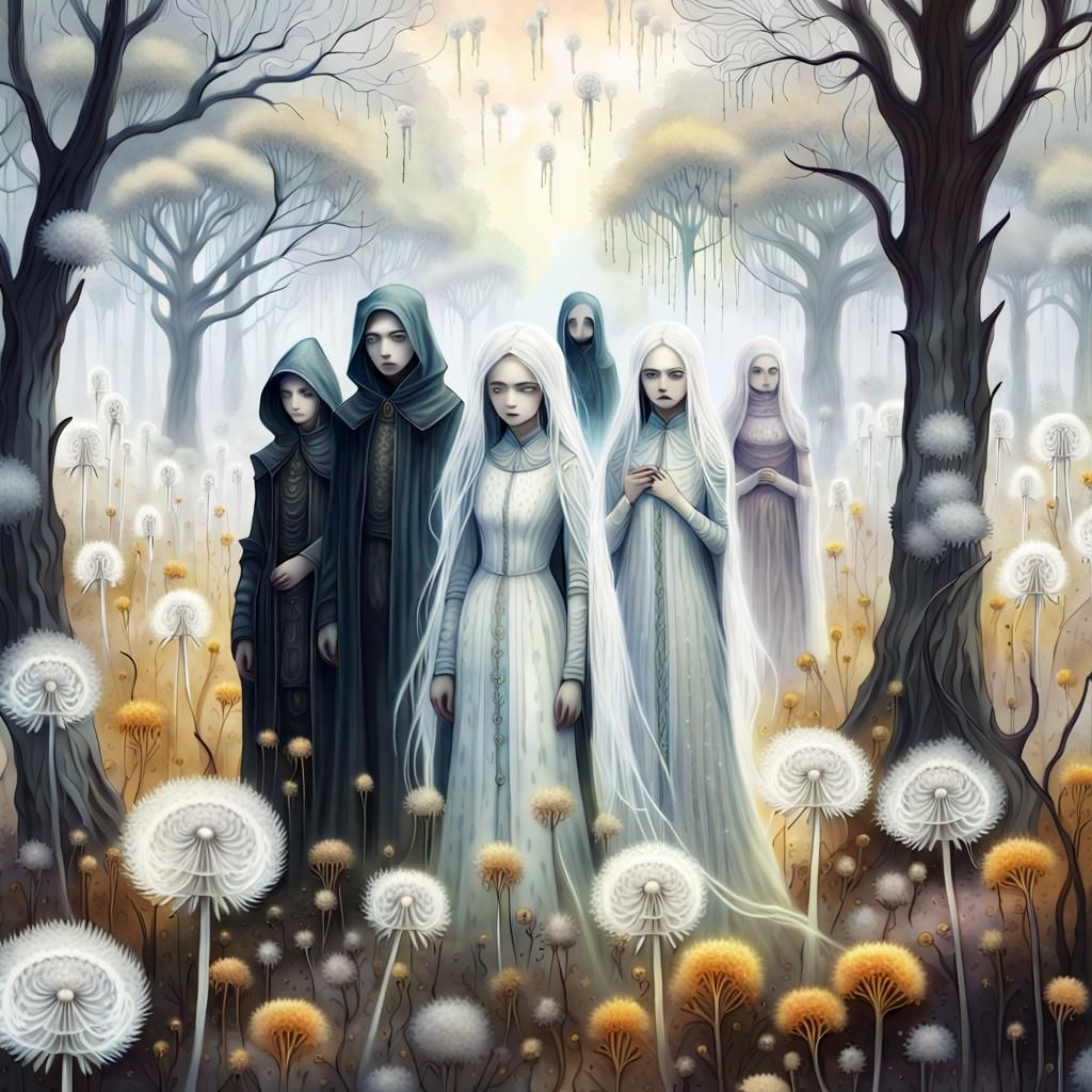 Ghostly, spectral people standing in a field of white dandelion seed ...