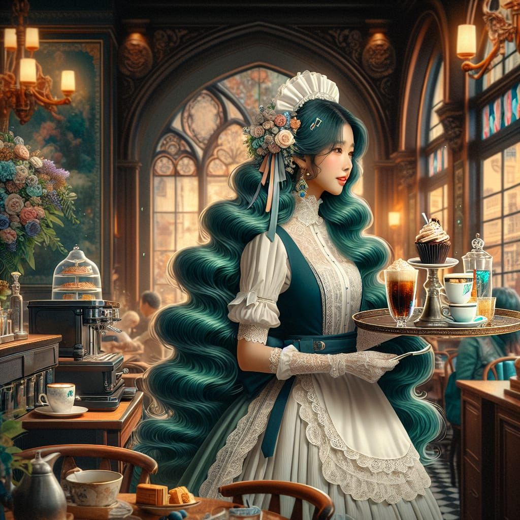 Create a detailed and intricate illustration of a café scene with deep ...