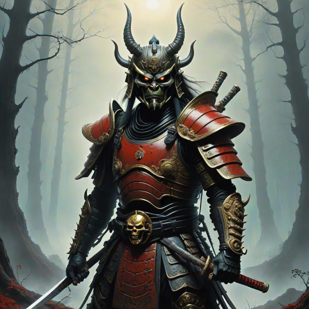 Samurai Warrior in Dark Forest, Horned Helmet and ... - AI Art