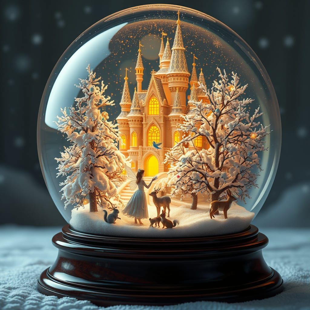 a magical snow globe scene set in a snowy winter wonderland.