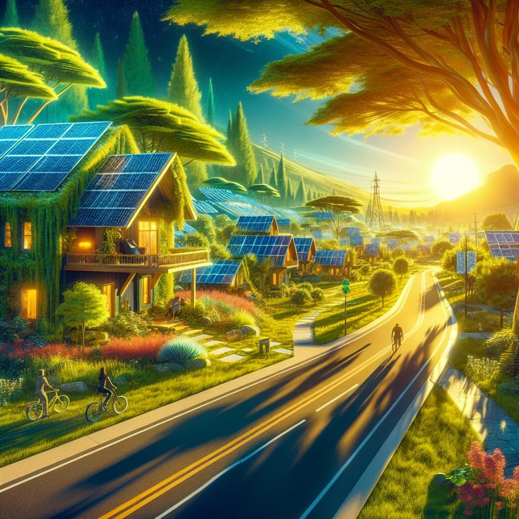 Vibrant Solarpunk Suburbia with Sustainable Treeho... - AI Art