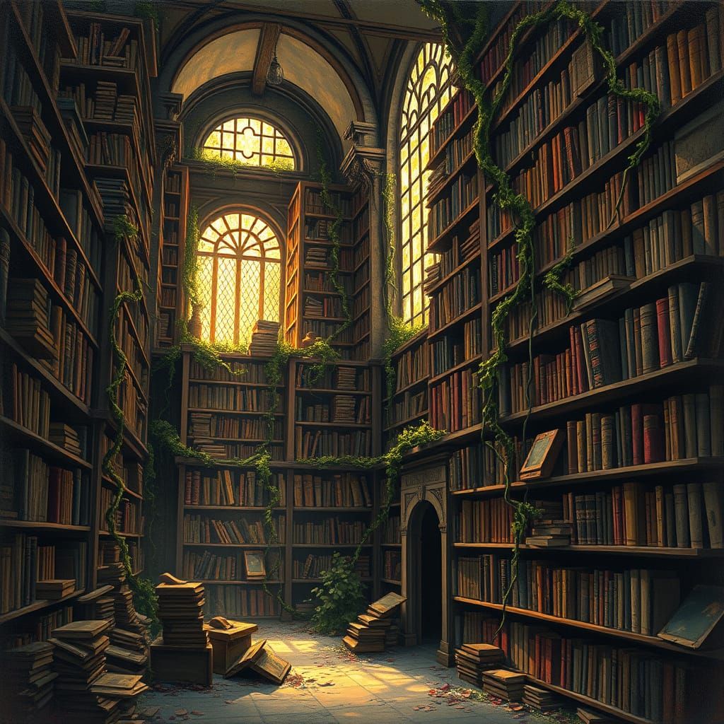 Surreal Library Transformed by Nature in Vibrant S... - AI Art