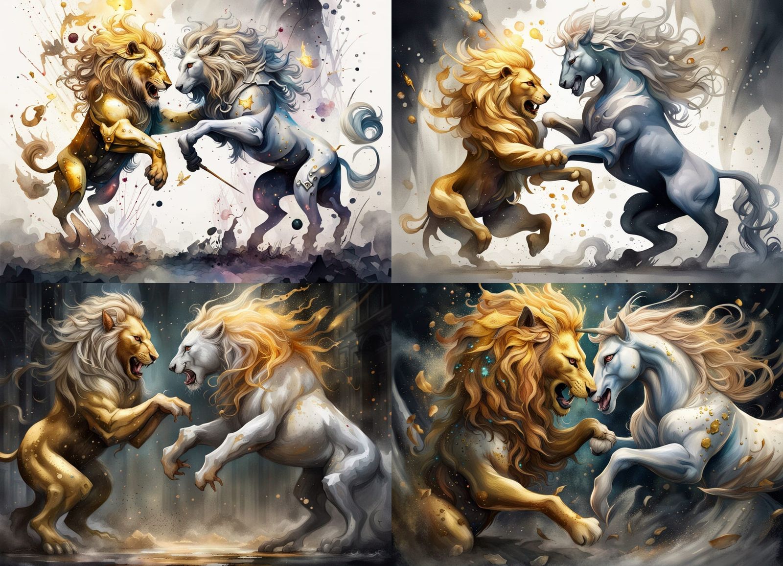 A golden lion and a silvery unicorn fighting each other. a masterpiece: 8k resolution: dark ...