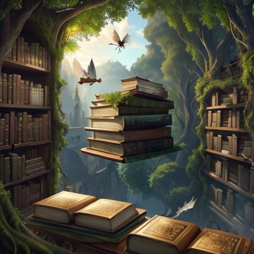Enchanted forest library - Whimsical Library of Ancient Root...