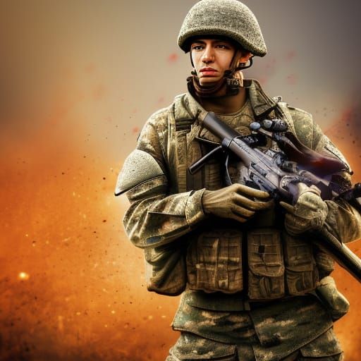 create realistic photo of male soldier at war battleground with gun ...
