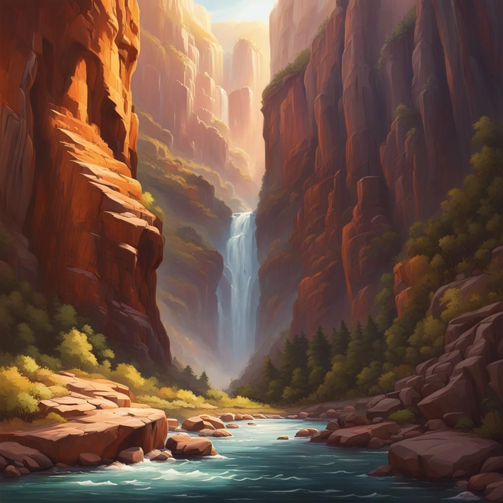 A majestic canyon bathed in warm sunlight, showcasing dramatic cliffs, a winding river, and a ...