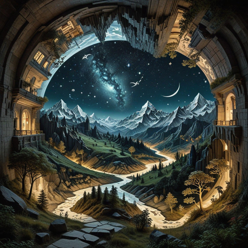Escher landscape projected into space