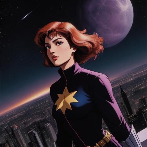 beautiful, hero, woman, flying, night sky, comic book art, perfect ...