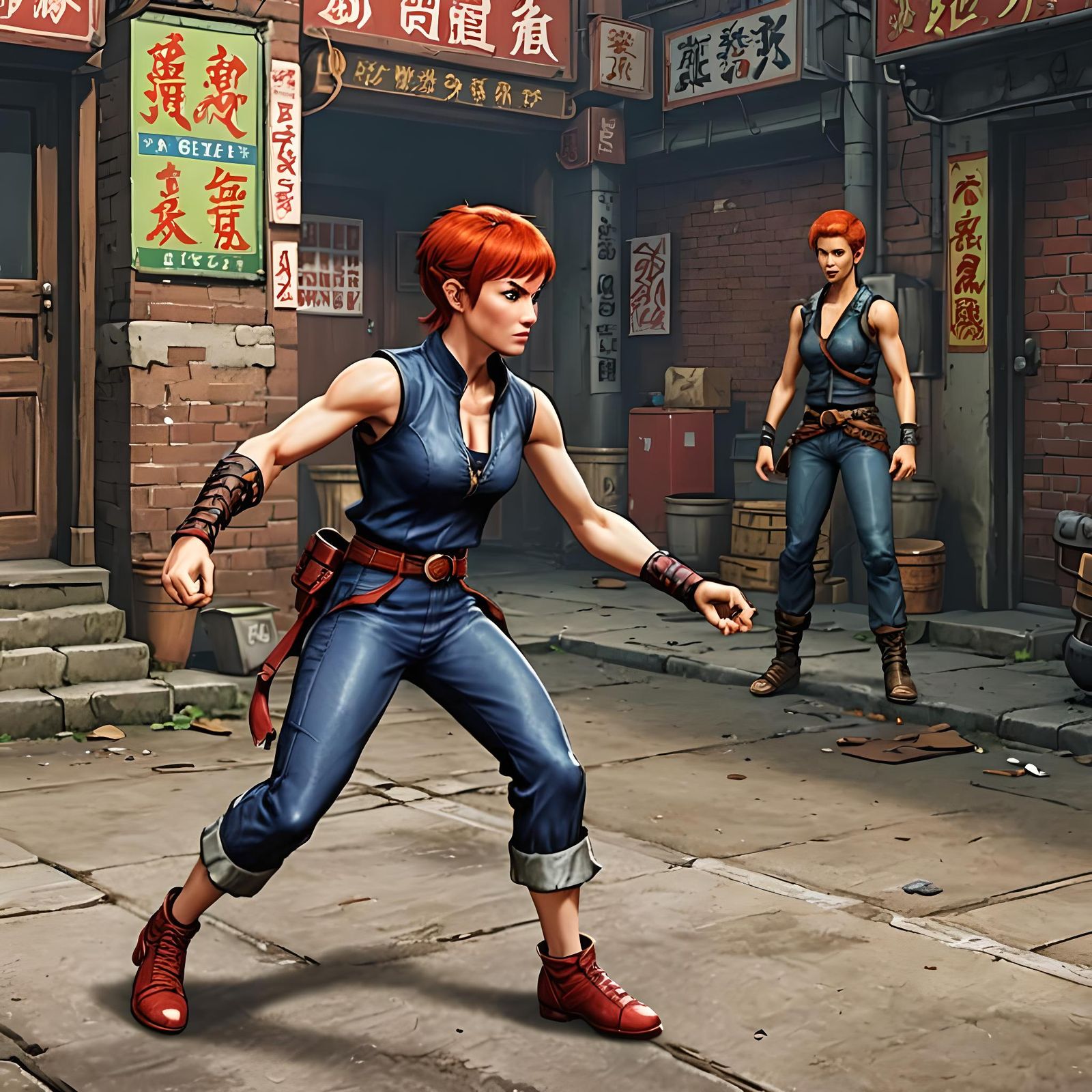 Barefoot redhead girl with a pixie cut fighting the enemies in Double ...