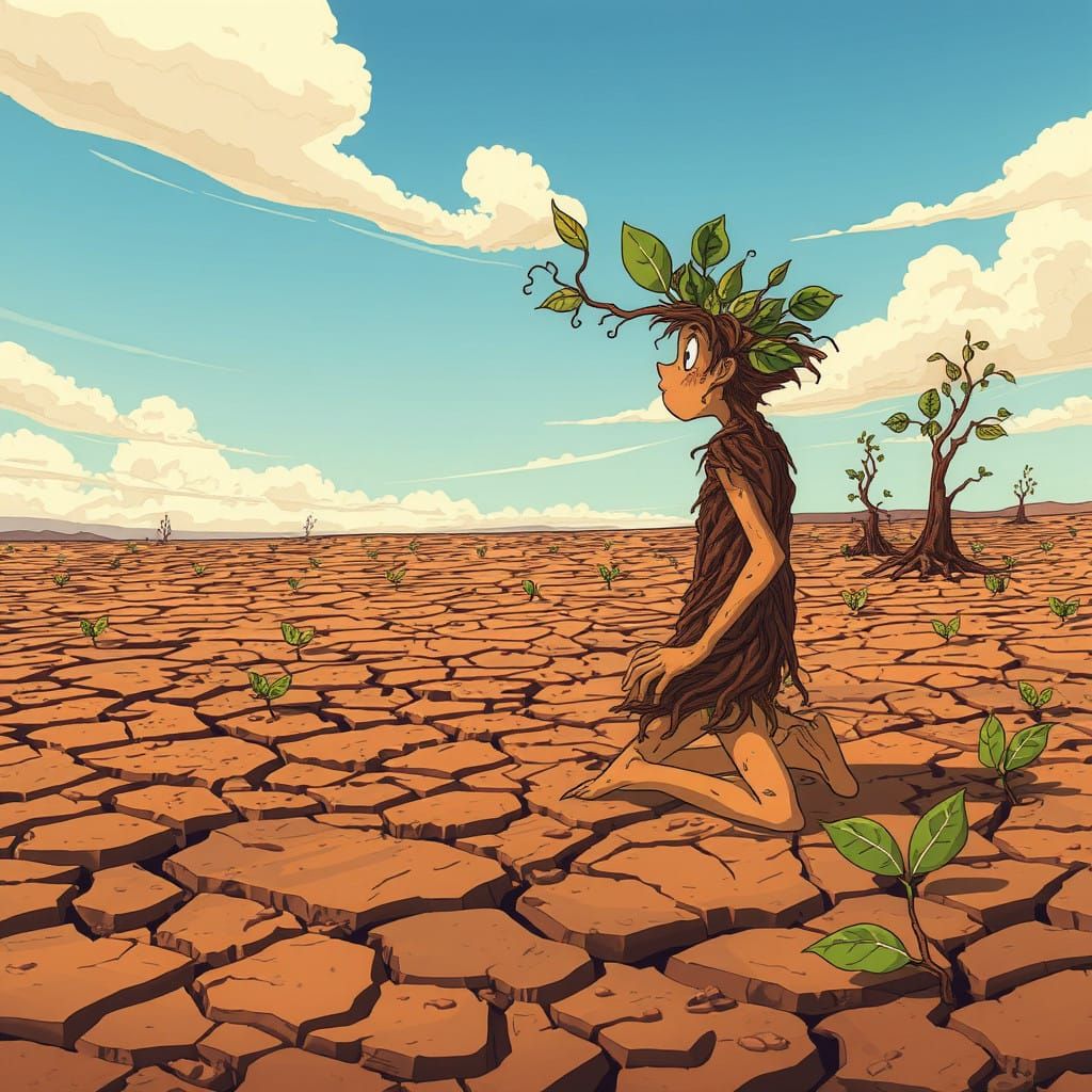 The dry land begs for rain in cartoon style and personification