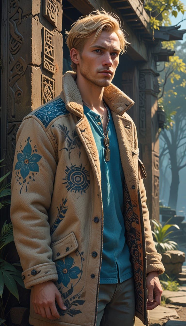 handsome young man with chiseled, boyish features, tousled thick blonde ...