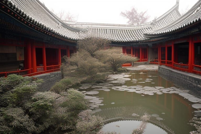 Siheyuan with a pond in the yard - AI Generated Artwork - NightCafe Creator