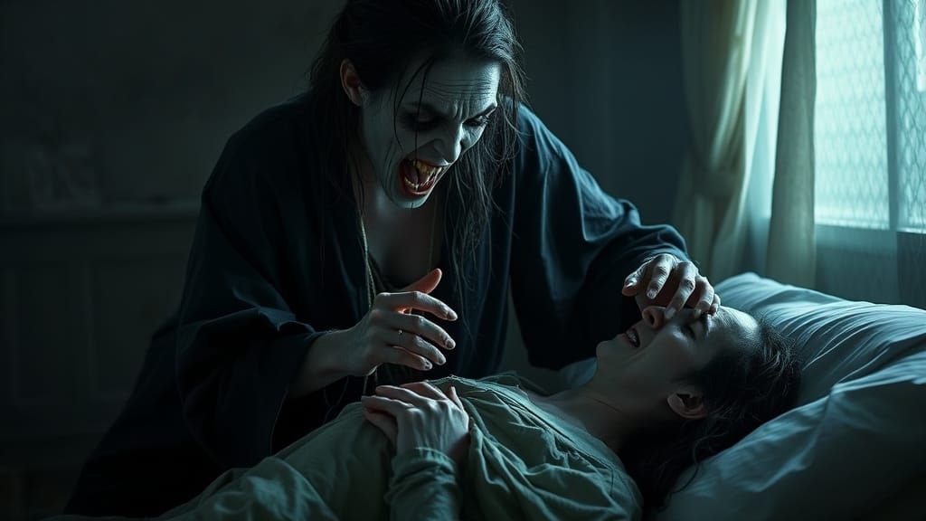 Night hag sucking the life out of someone lying in bed paralyzed, sinister atmosphere