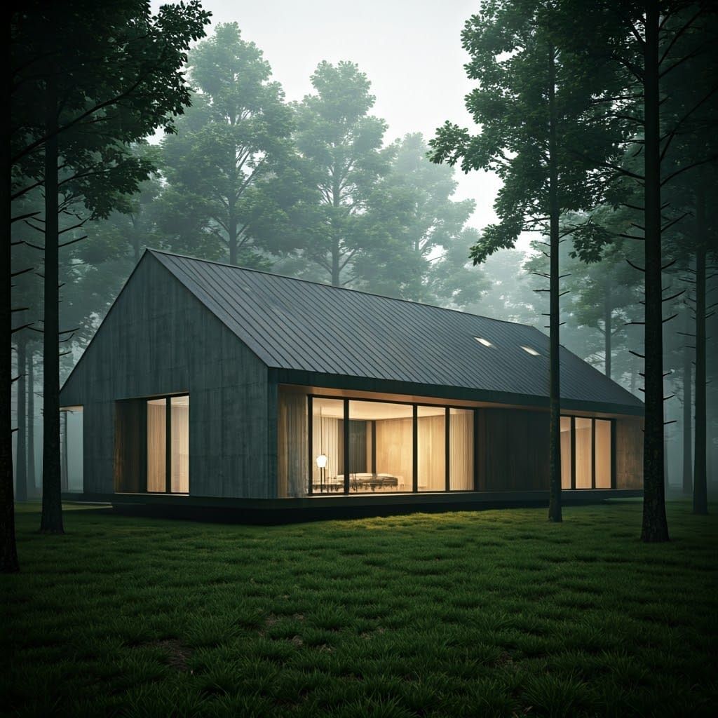 A fireproof house in a forest: Made of reinforced concrete, with large ...